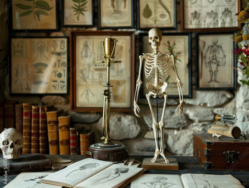 Vintage anatomy classroom with an elegant skeleton display Stock ...