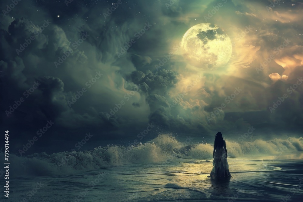Woman under a full moon on a stormy night - A dramatic image depicting ...