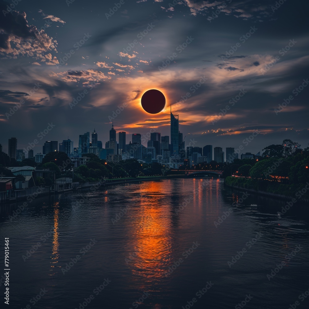 A solar eclipse over a cityscape where the Moon blocks out the Sun ...