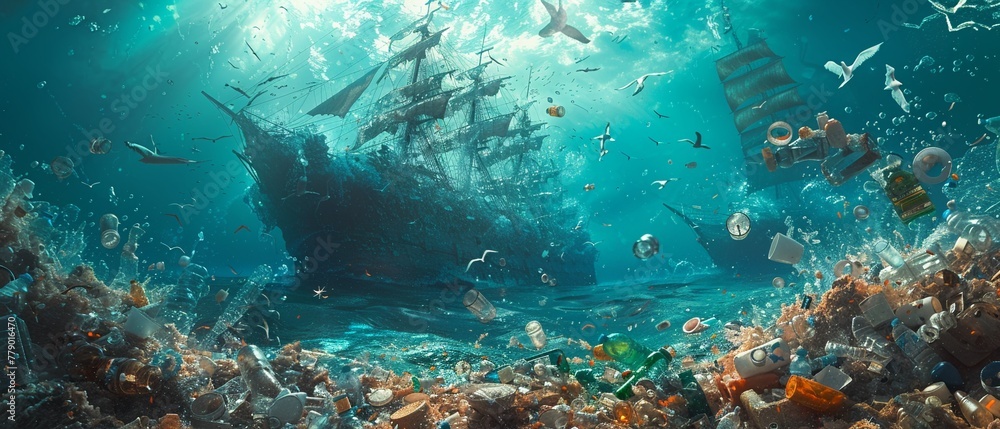 An epic battle scene where ships made from trash fight against sea ...