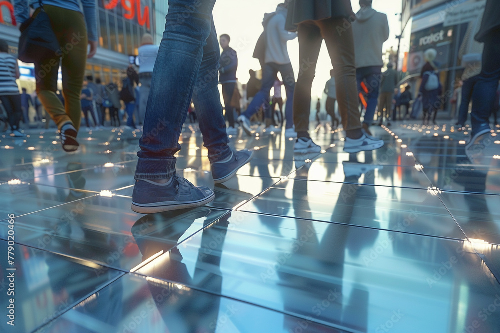 Pedestrians walking on kinetic energy harvesting floor tiles in a busy ...