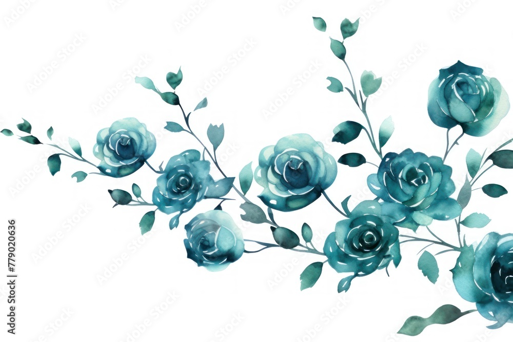 Teal roses watercolor clipart on white background, defined edges floral ...