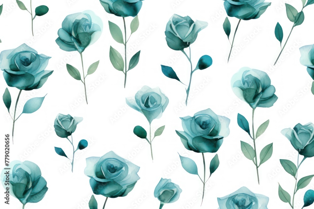 Teal roses watercolor clipart on white background, defined edges floral ...