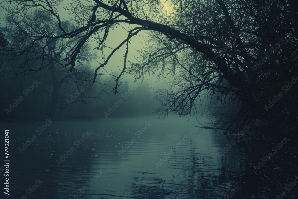 Eerie swamp with fog-enclosed trees - An atmospheric shot of a ...
