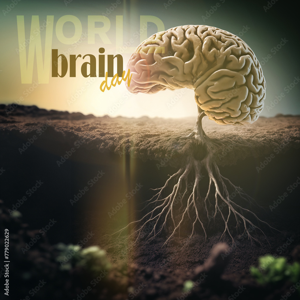 A poster for the World Brain Day. A human brain tree grows roots in the ...
