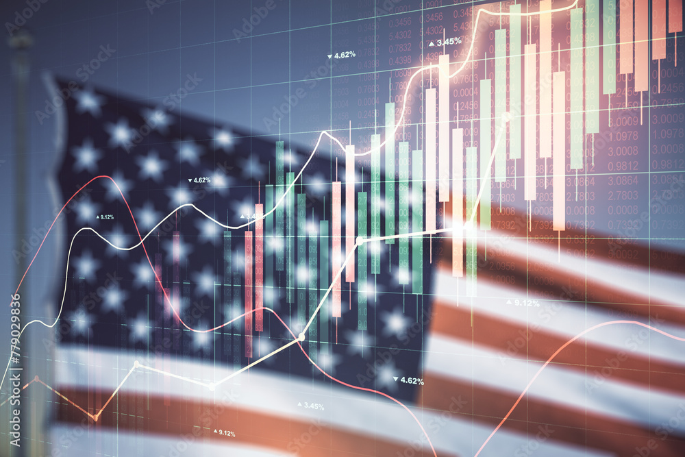 Double exposure of virtual creative financial diagram on US flag and ...