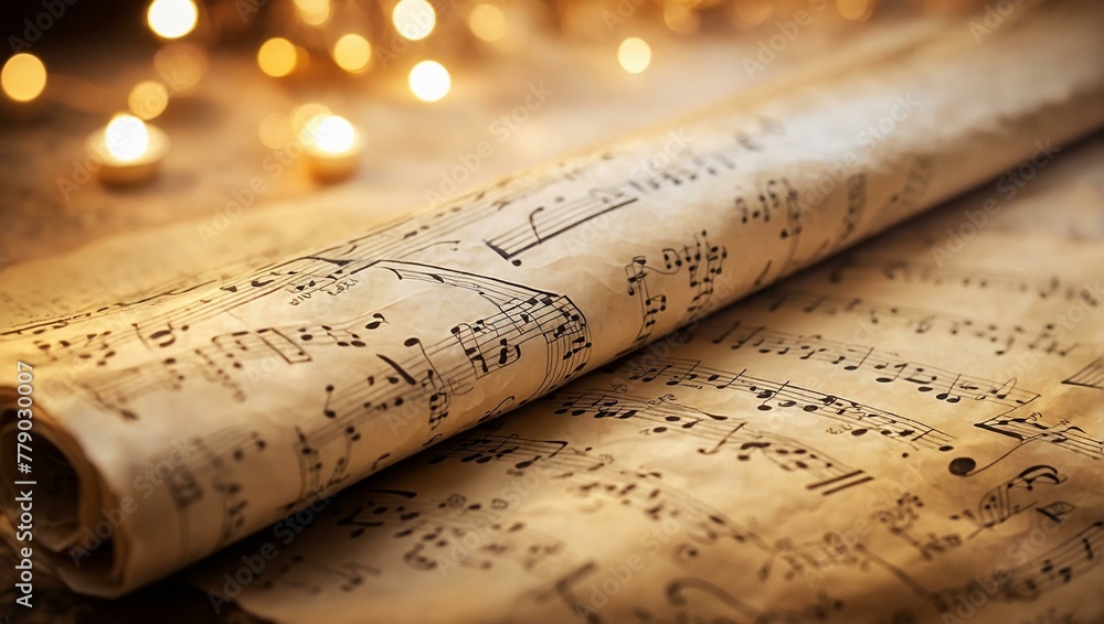 Richly detailed musical notes on aged paper scrolls set against a warm ...