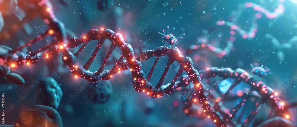 Detailed image of nanobots conducting DNA repair, with the double helix ...