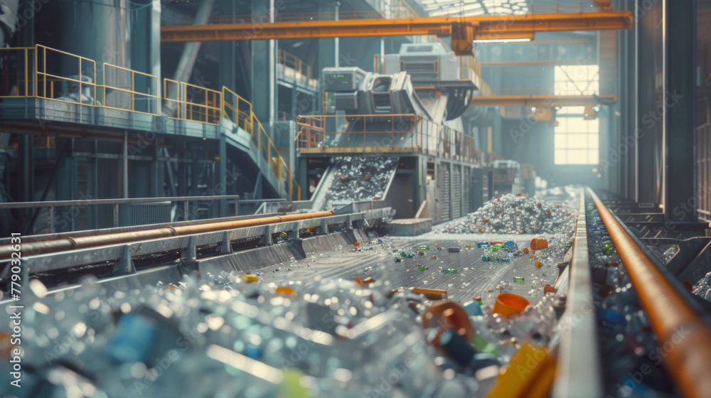A modern plastic recycling plant with sorting machines and shredders ...