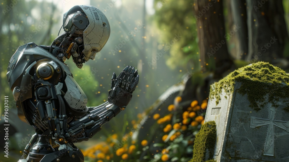 A solemn humanoid robot stands in prayer beside a human grave, paying ...