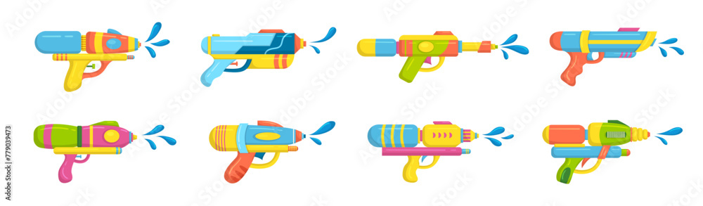 Vector plastic children's toy water gun icons set isolated on white ...
