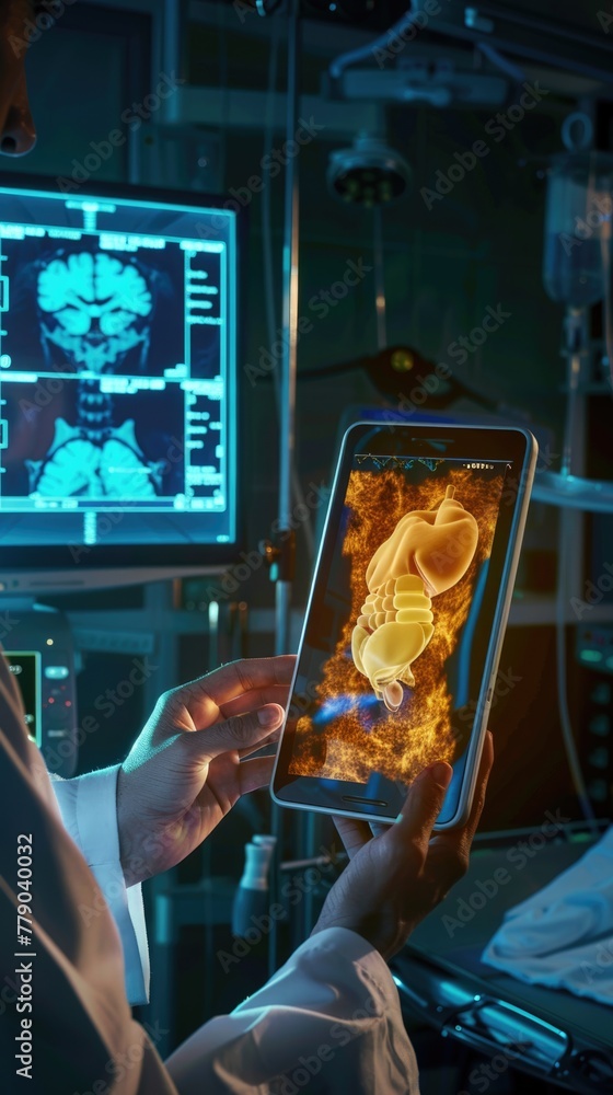 Hyper-realistic scene of a doctor using a handheld device to instantly ...