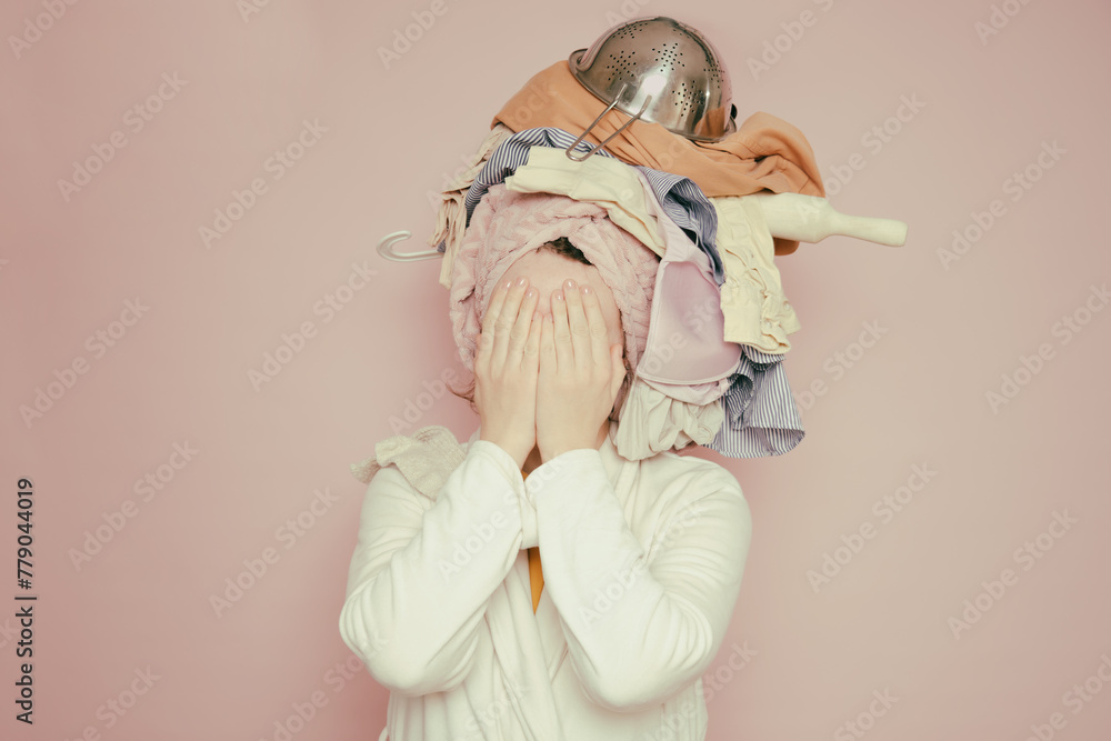 Crying woman with household chores piled up, cooking and washing ...