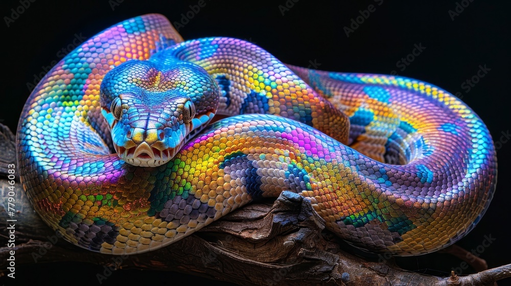Rainbow boa constrictor on branch with iridescent scales shimmering in ...