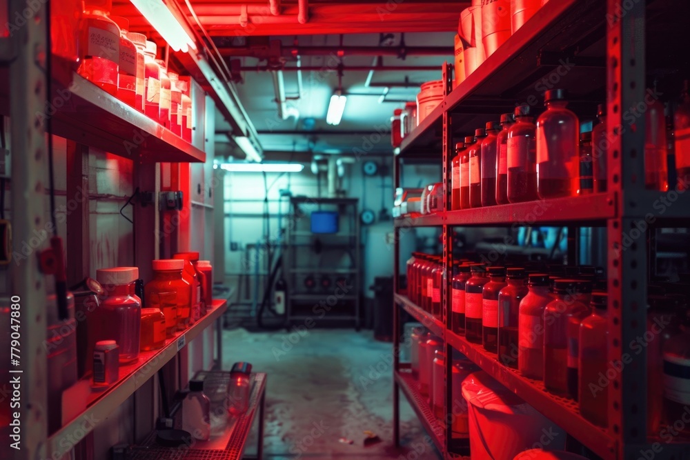 Detailed view of a chemical warfare lab, ominous substances stored in ...