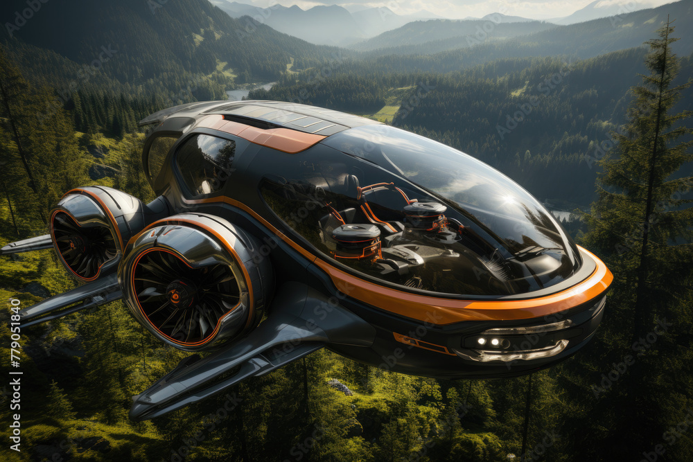Modern future flying taxi. Unmanned aerial vehicle. Aero taxi over ...