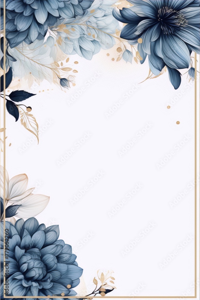 Blue and gold floral frame with watercolor flowers, leaves, and gold ...