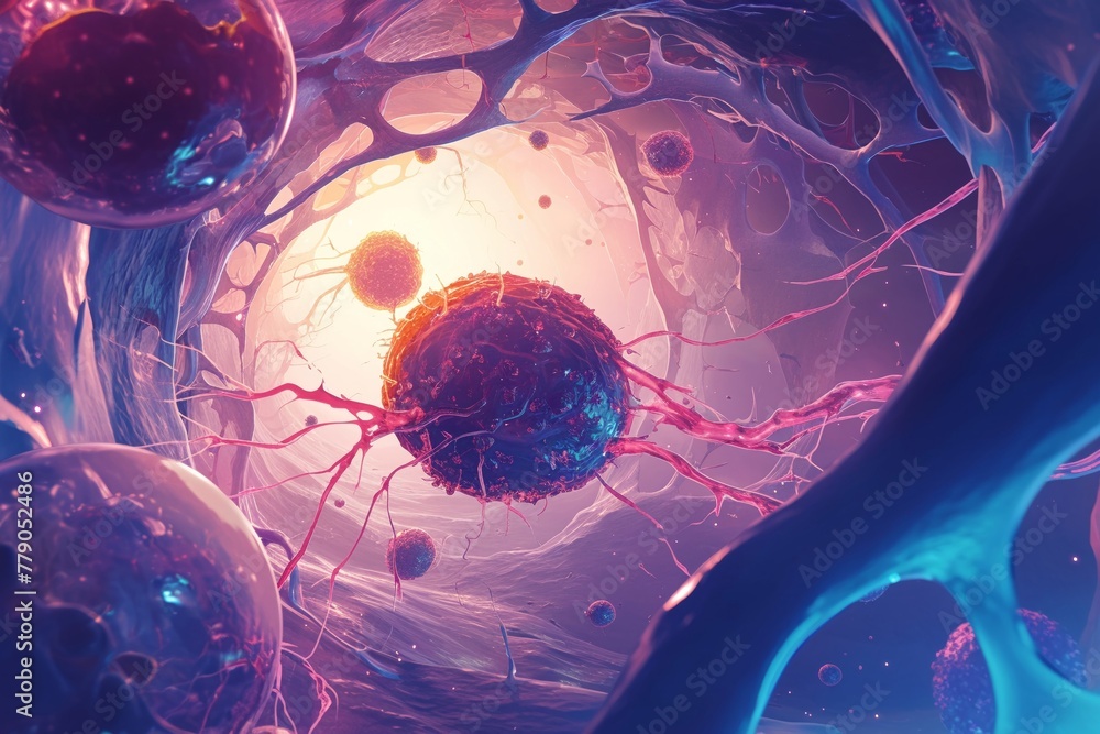 Wide angle on a cell engulfing a pathogen, dawn light highlighting the ...