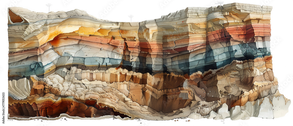 Geological cross-section of rock layers showing the stratigraphy and ...