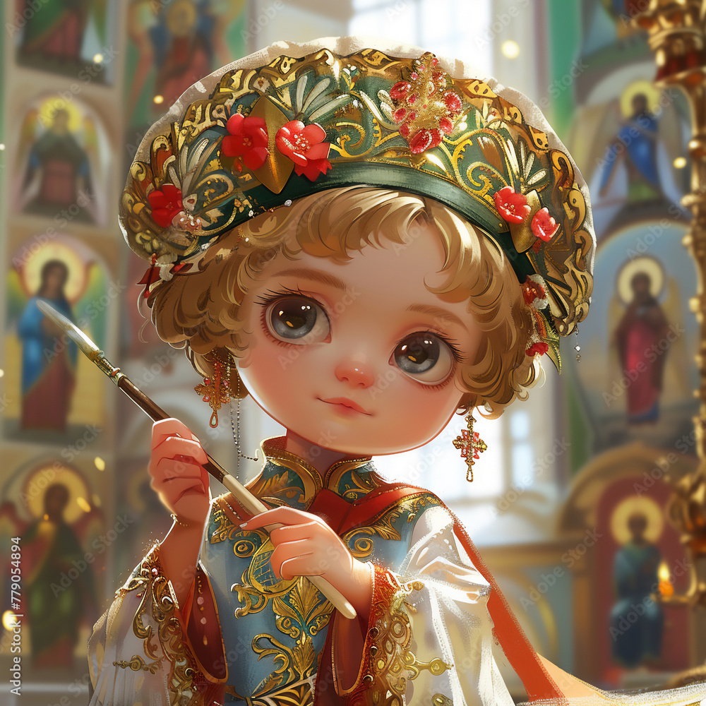 Chibi version of a Russian child with a kokoshnik painting icons in an ...