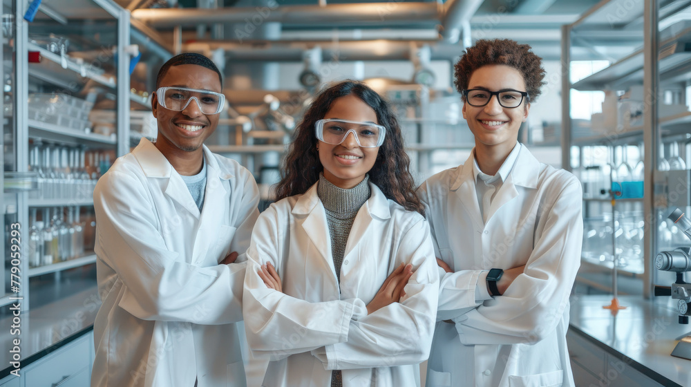 Three young scientists in white coats and safety glasses stand smiling ...
