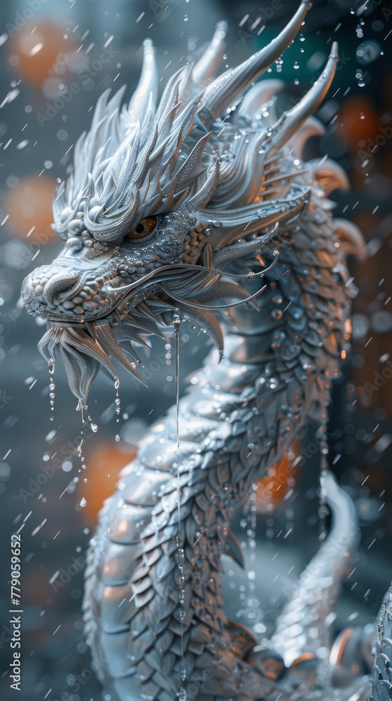 Majestic silver dragon in a mystical rain - A detailed close-up of a ...
