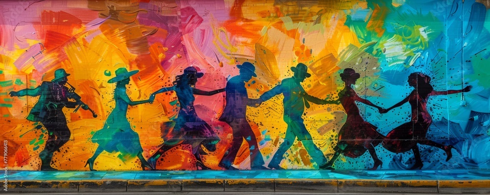 Vibrant street art of dancing figures in motion - This image captures ...