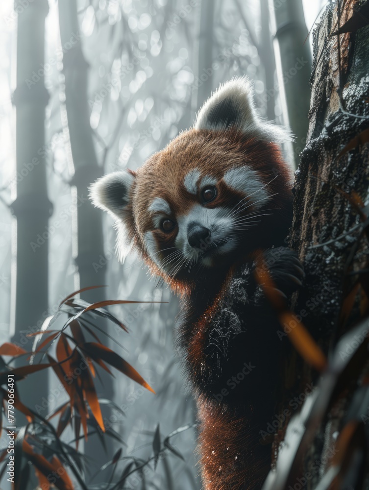 Red panda climbing on a misty forest tree - An adorable red panda with ...