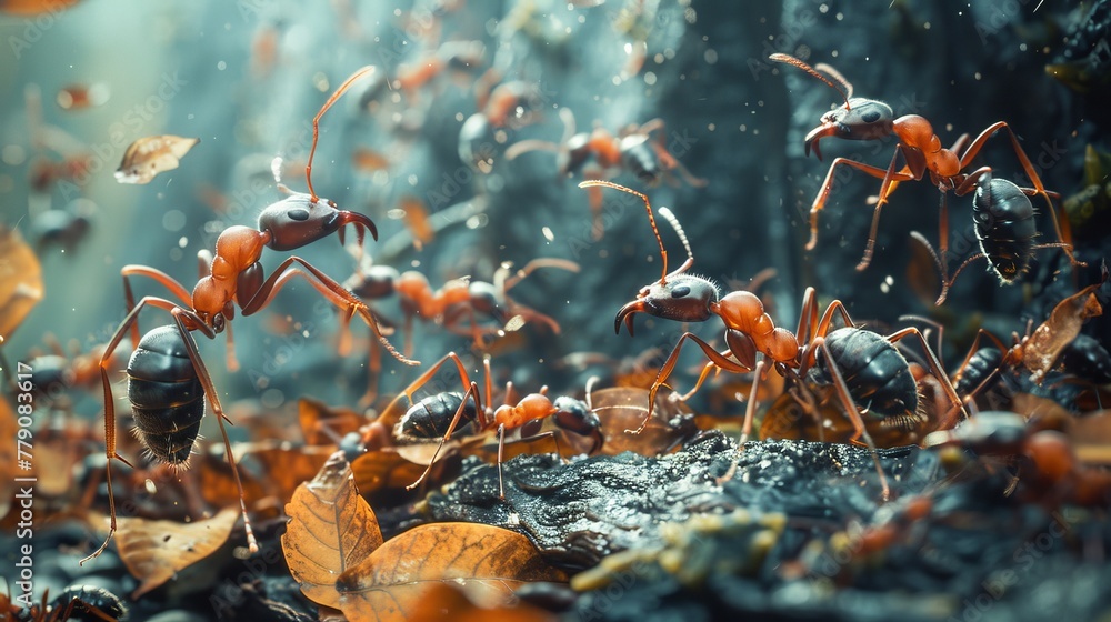 Macro photography of ants carrying leaves in forest, highlighting ...