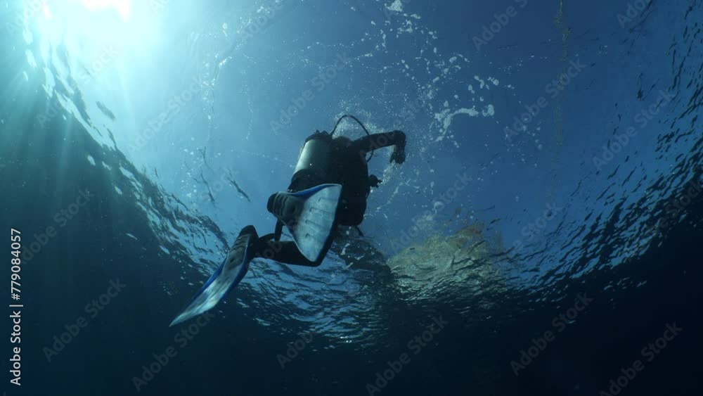 scuba divers ascending surface going back to boat underwater with sun ...