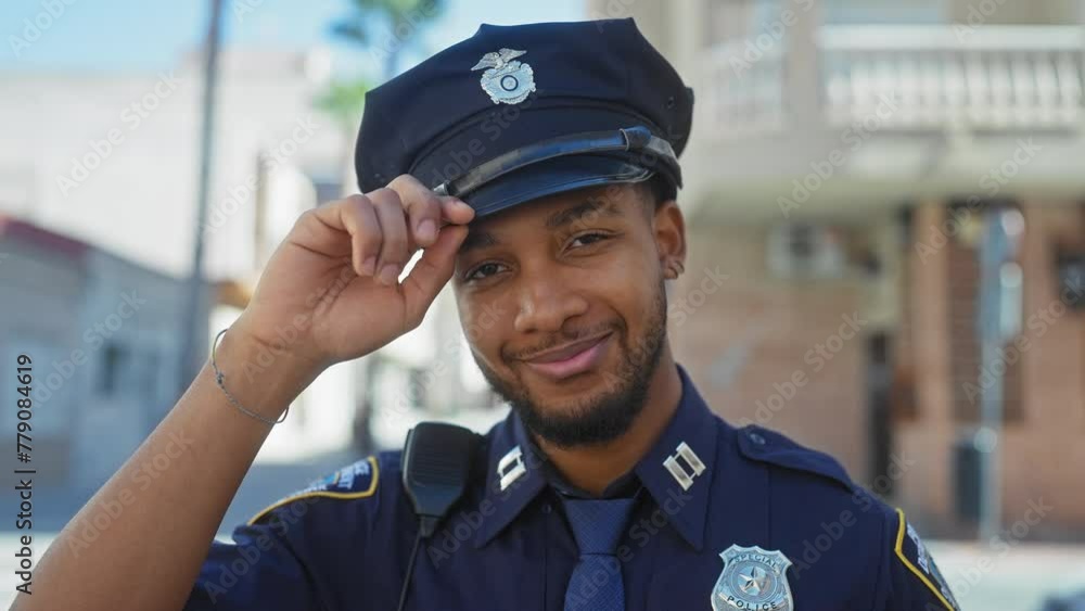 A confident african american police officer saluting outdoors in an ...