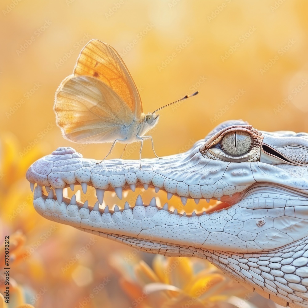 White Alligator and butterfly, an amazing contrast between predator and ...