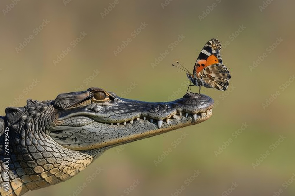 Young alligator in aquatic vegetation and butterfly Concept ...