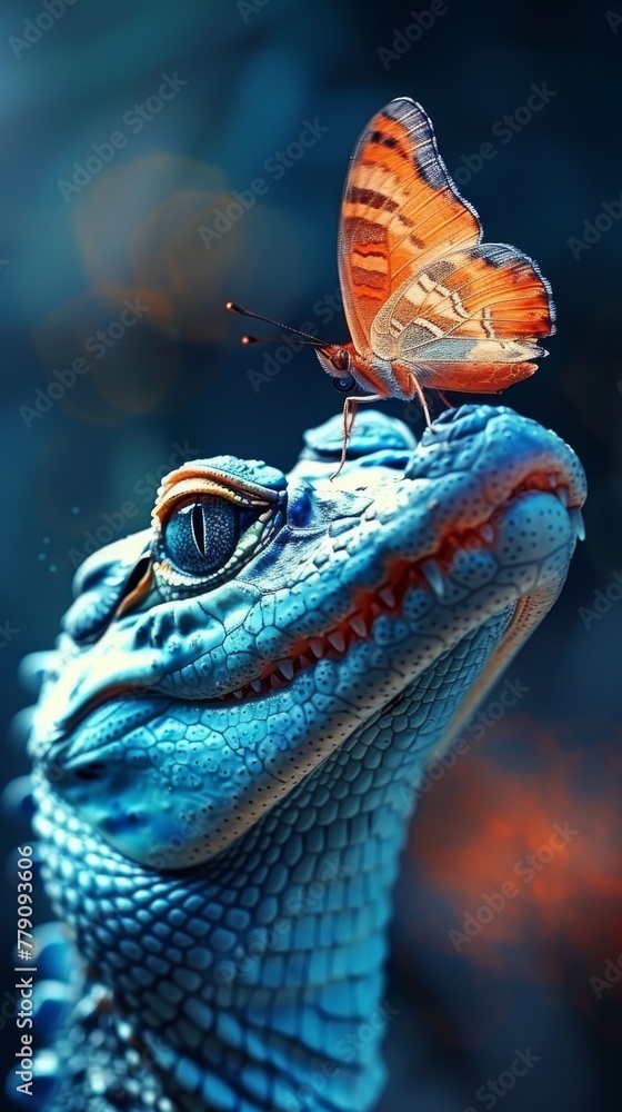 Young alligator in aquatic vegetation and butterfly Concept ...