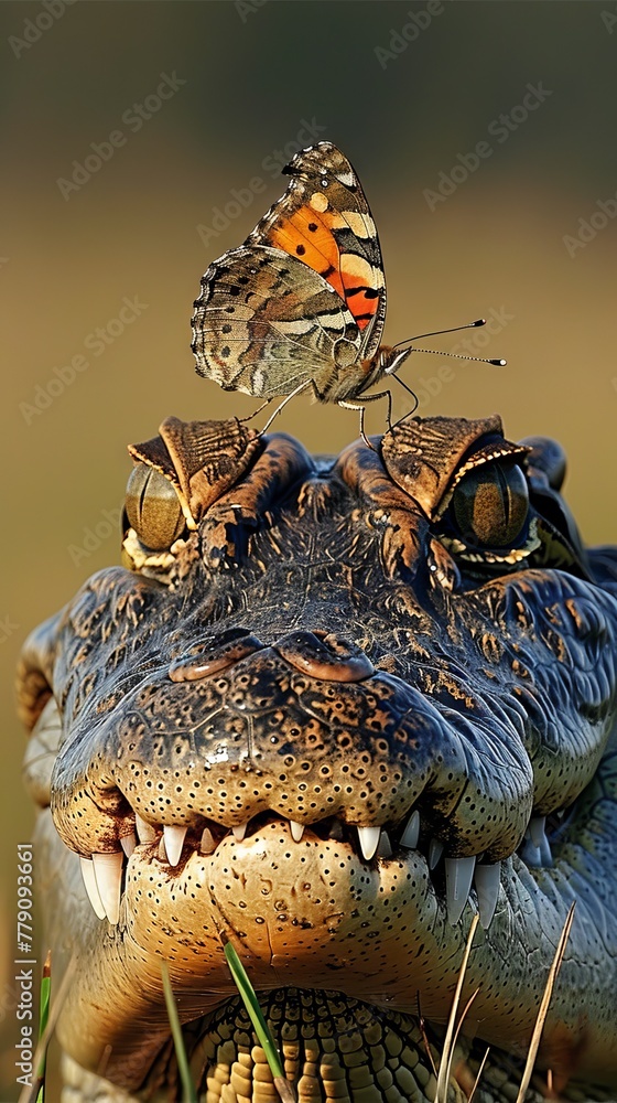 Young alligator in aquatic vegetation and butterfly Concept ...
