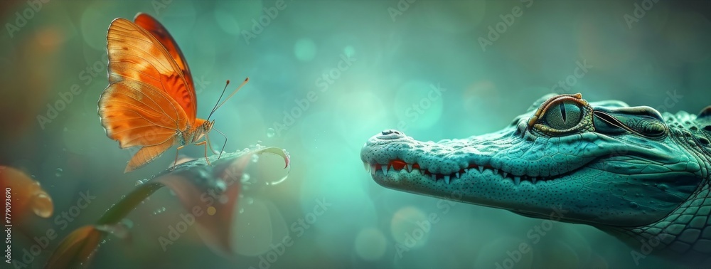 Young alligator in aquatic vegetation and butterfly Concept ...