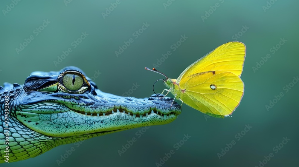 Young alligator in aquatic vegetation and butterfly Concept ...