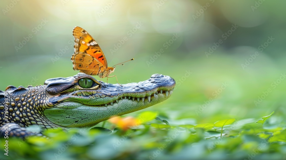 Young alligator in aquatic vegetation and butterfly Concept ...