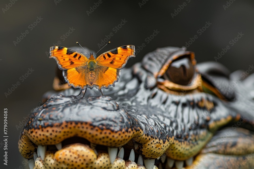 Young alligator in aquatic vegetation and butterfly Concept ...