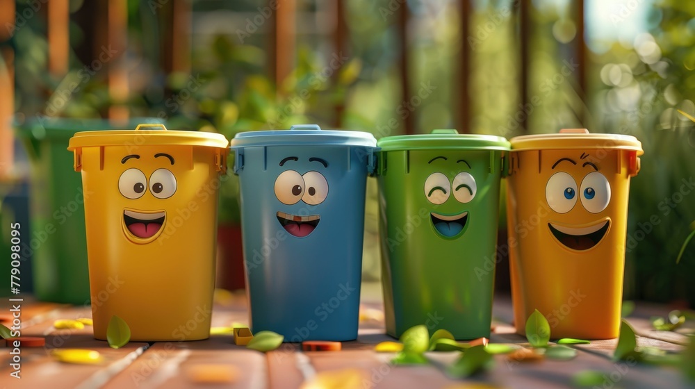 Recycling bins in animated 3D cartoon form, promoting eco-friendly ...