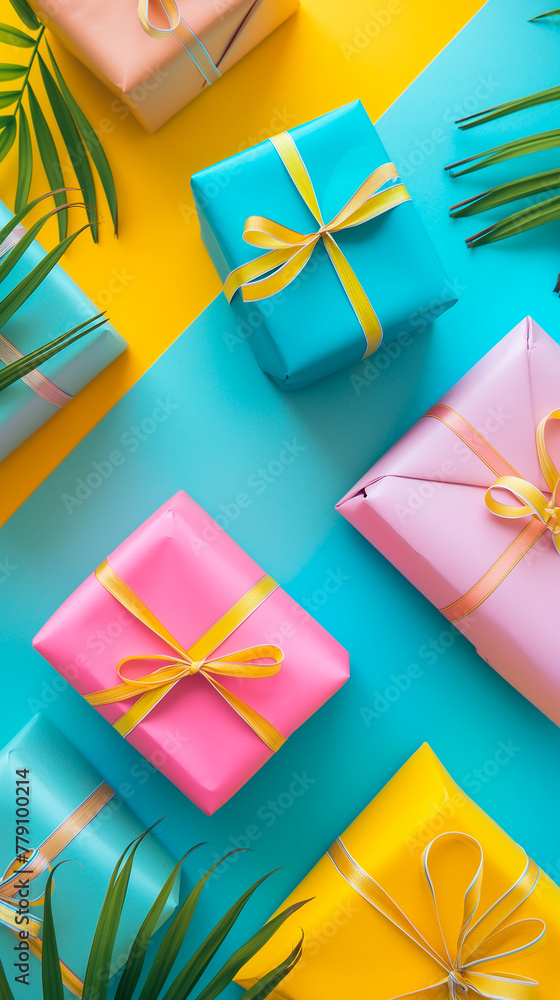 the layout of the gift boxes. colorful background and palm leaf ...