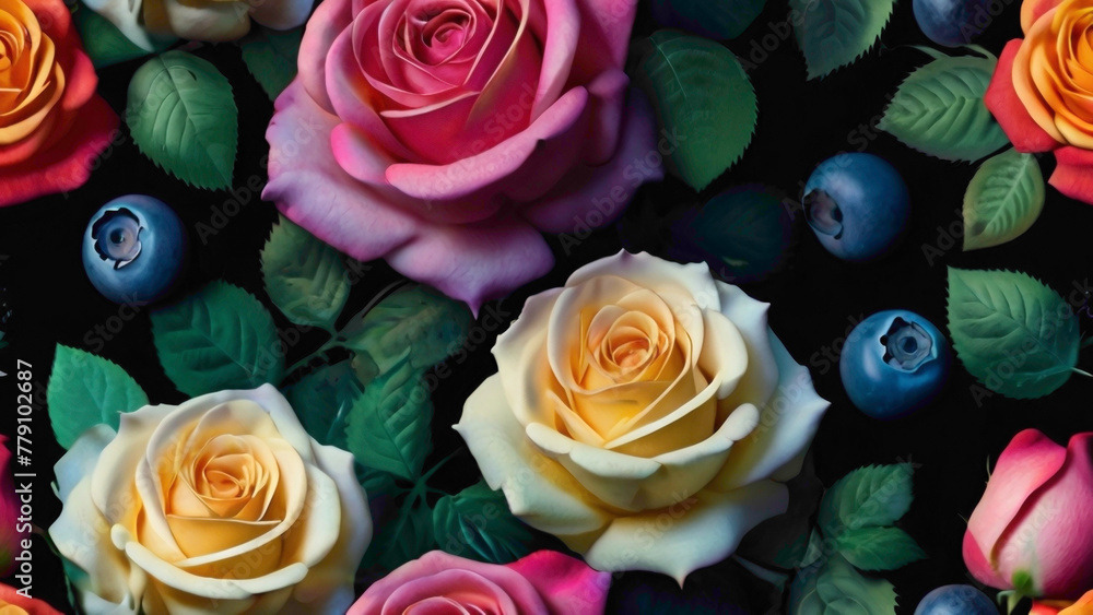 purple pink red blue and many light color roses flowers in full frame ...