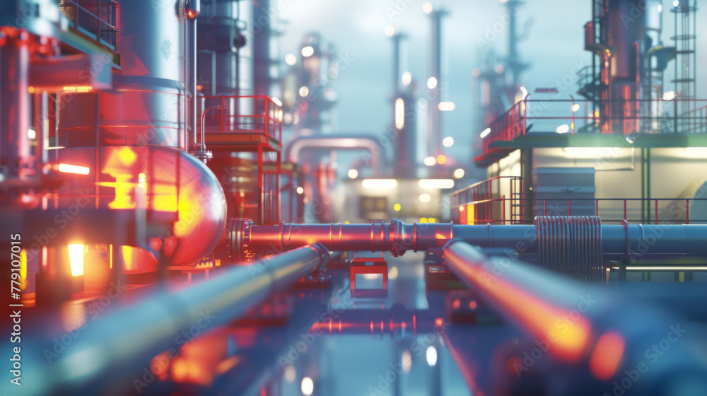 A modern chemical processing plant with reactors and distillation ...