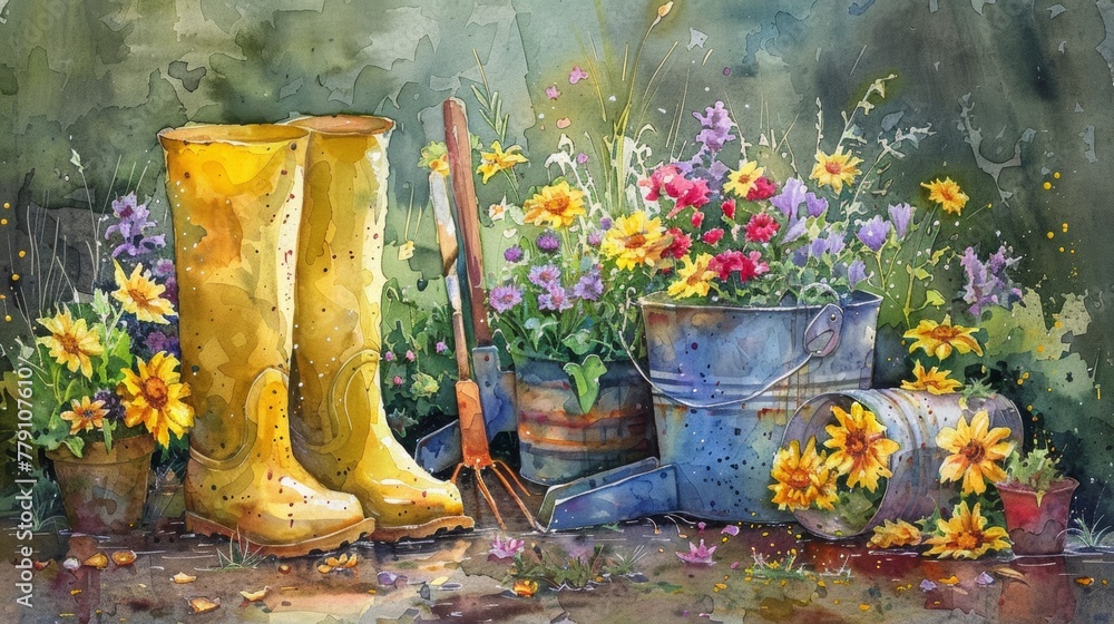 Gardening Vintage Rubber Boots Serving As A Planter For Assorted