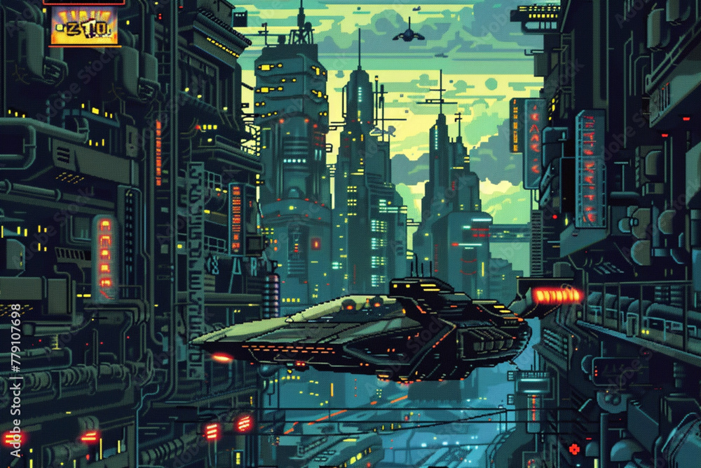 2d pixel art of flying cyberpunk vehicle ,cyberpunk city at night ...