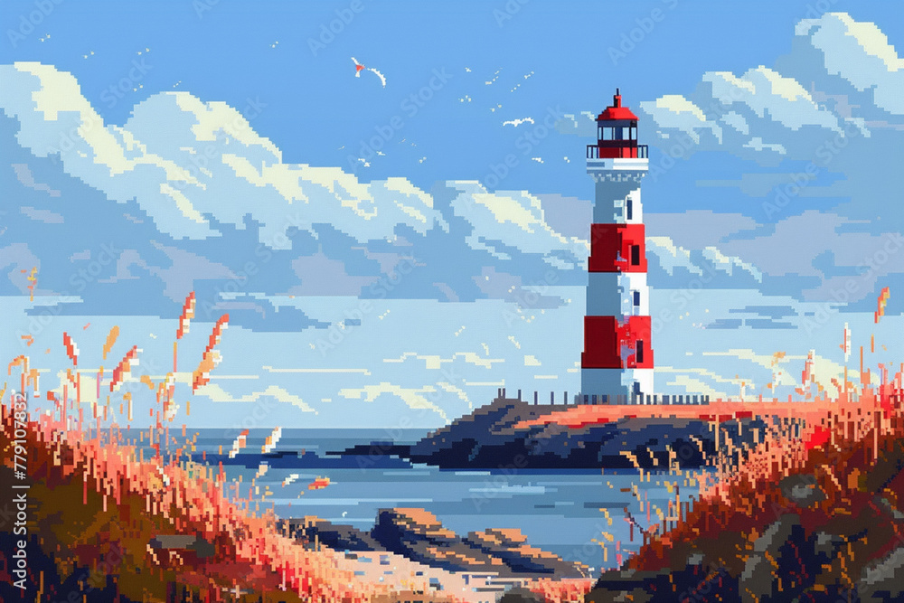 2d pixel art of light house on the coastal , blue sky , concept game ...