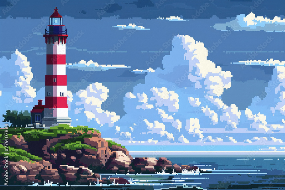 2d pixel art of light house on the coastal , blue sky , concept game ...