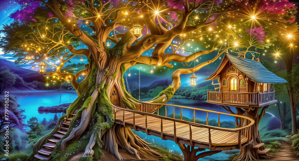 Magical Treehouse in Enchanted Forest. Illuminated Treehouse at Night ...