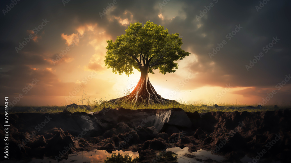A tree surviving in dry, polluted soil, growing amidst cracked ground ...