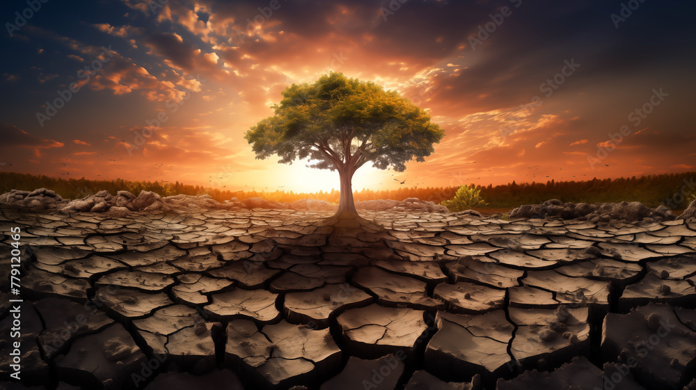 A tree surviving in dry, polluted soil, growing amidst cracked ground ...